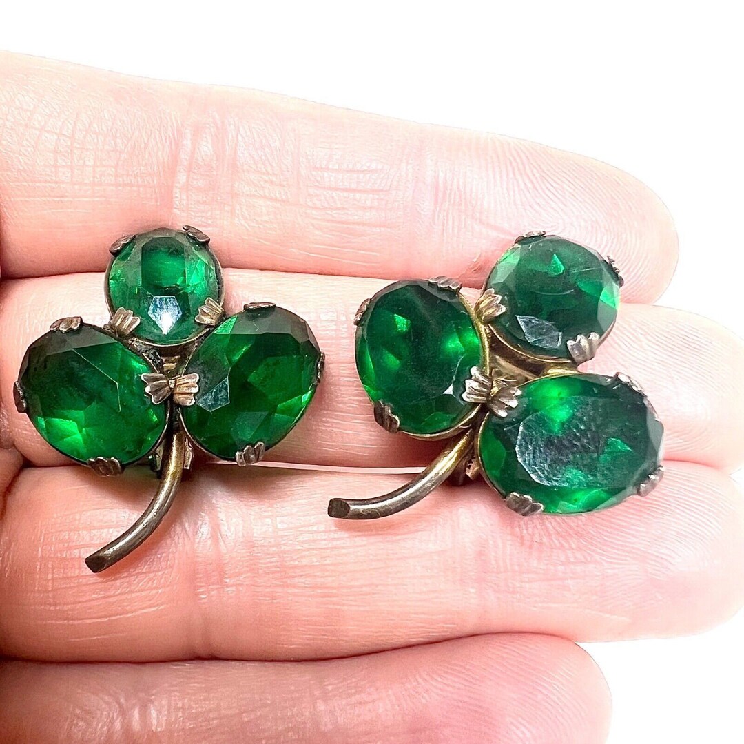 Vintage Large Emerald Green Clover Earrings Prong Set Clipon - Etsy