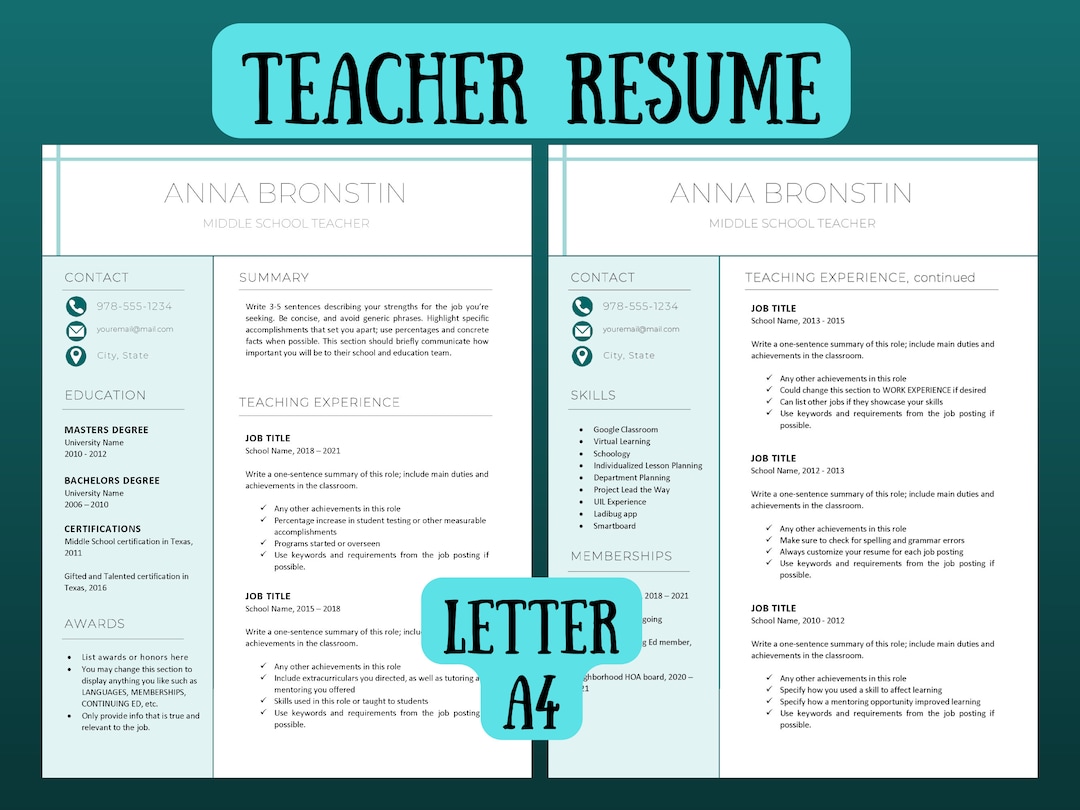 Teacher Resume Template Microsoft Word or Google Docs Professional CV ...