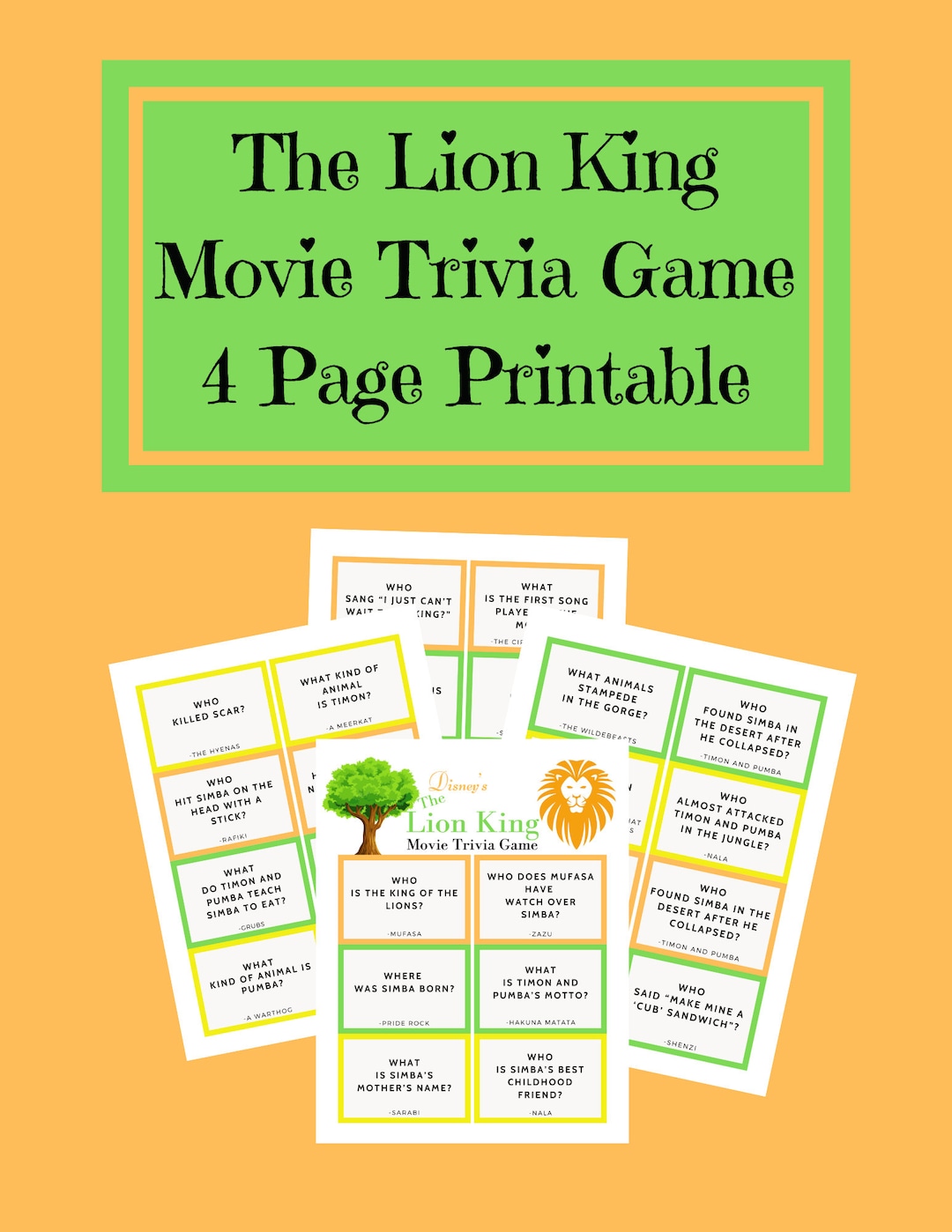 The Lion King Trivia Game Printable | the Lion King Party Game | the ...