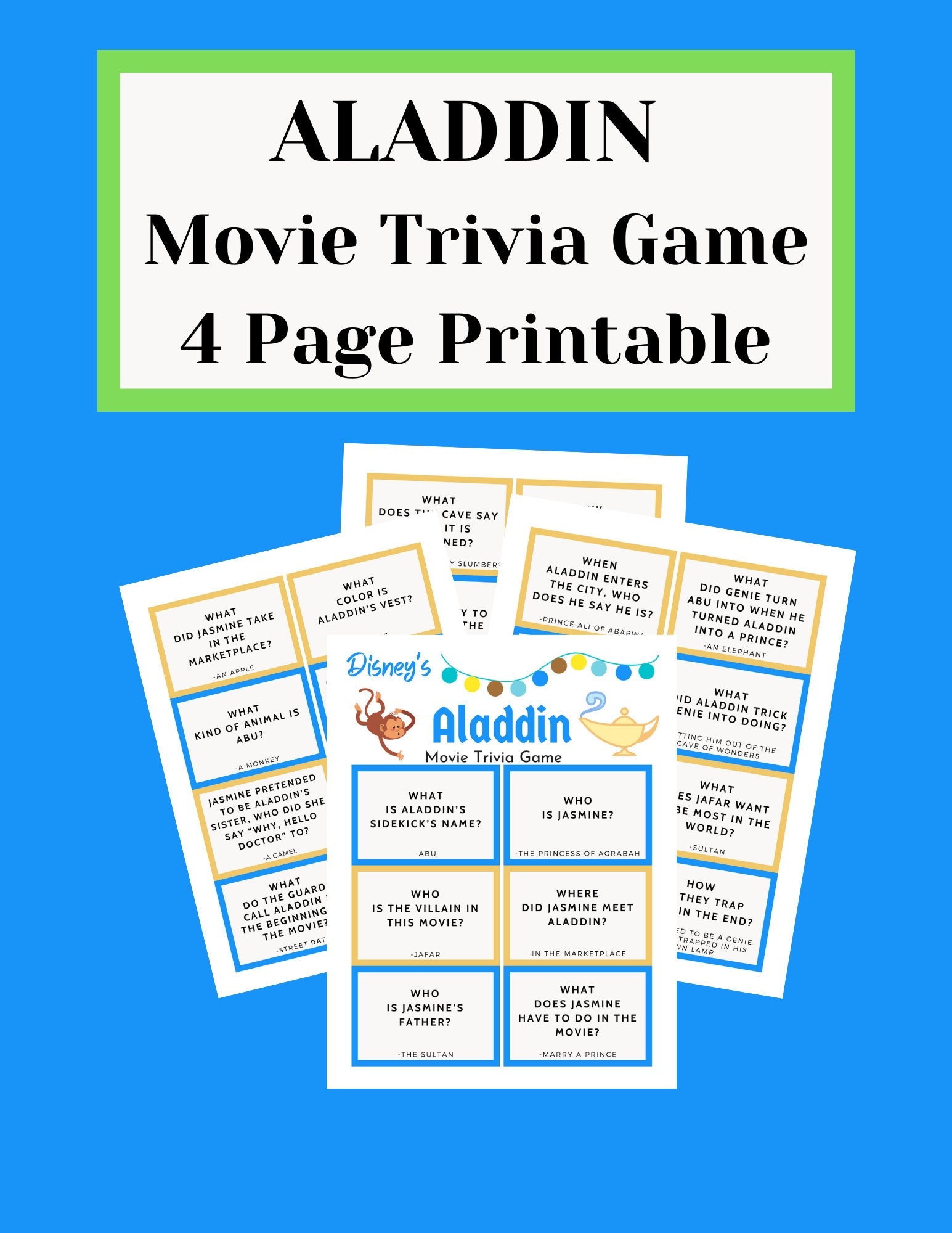 Aladdin Trivia Game Printable Games for Kids, Printable Fun Pages, Test ...