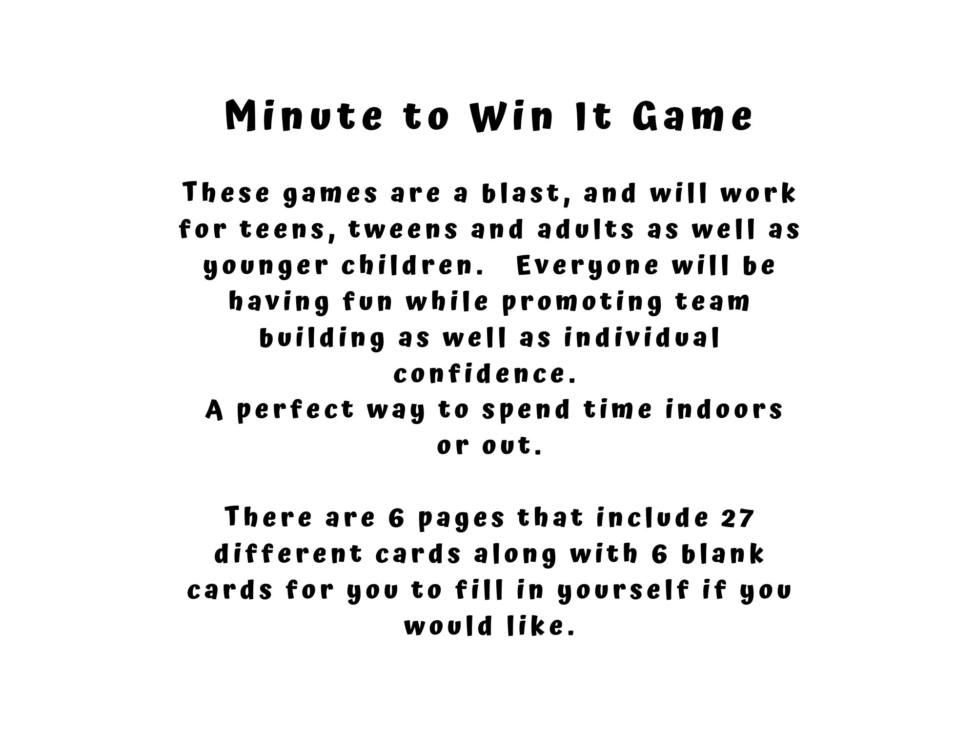 MINUTE to WIN IT Game Cards for Kids & Adults, One Minute Game Cards ...