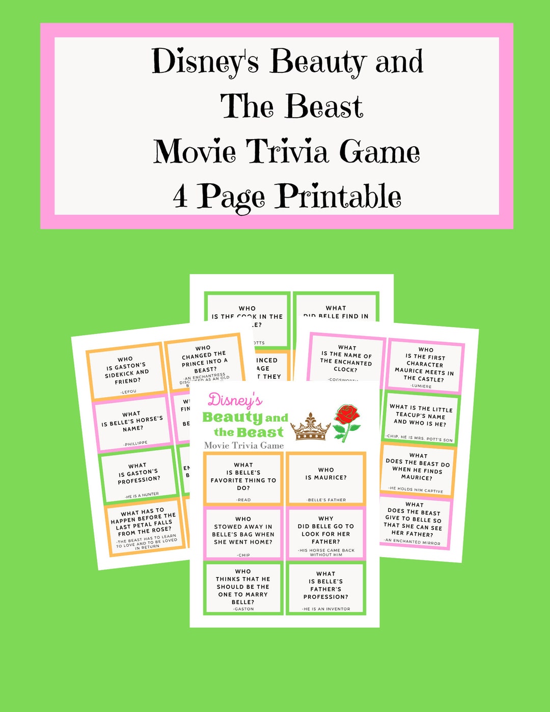 Beauty and the Beast Trivia Game! Printable Games for Kids, Printable ...