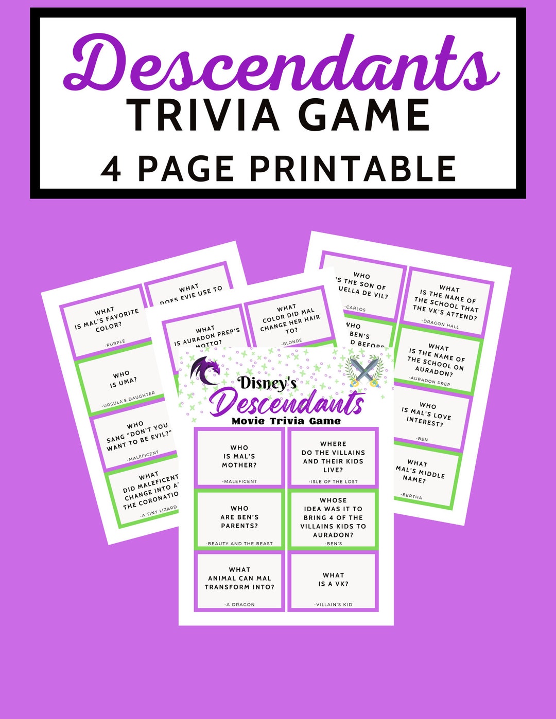 The Descendants Trivia Game Printable Games for Kids, Fun Pages for ...