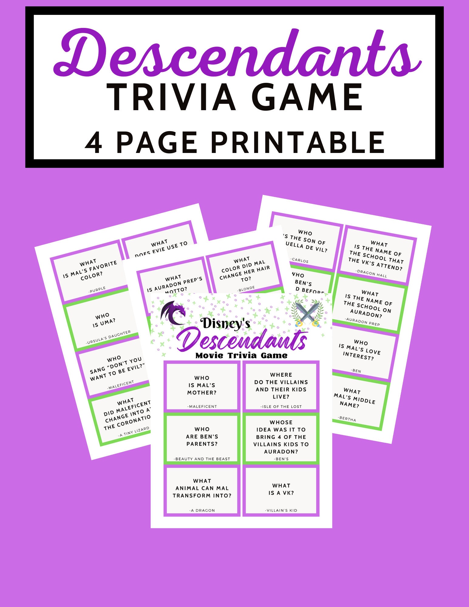 The Descendants Trivia Game Card Printable, Disney Descendants Party ...