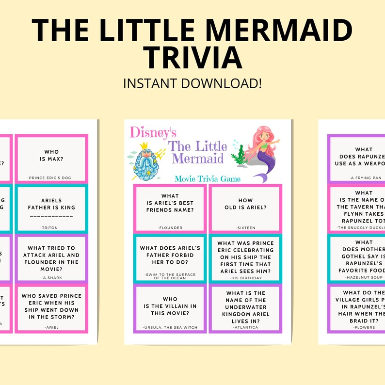The Little Mermaid Trivia Game Printable | Mermaid Party Activity Sheet ...