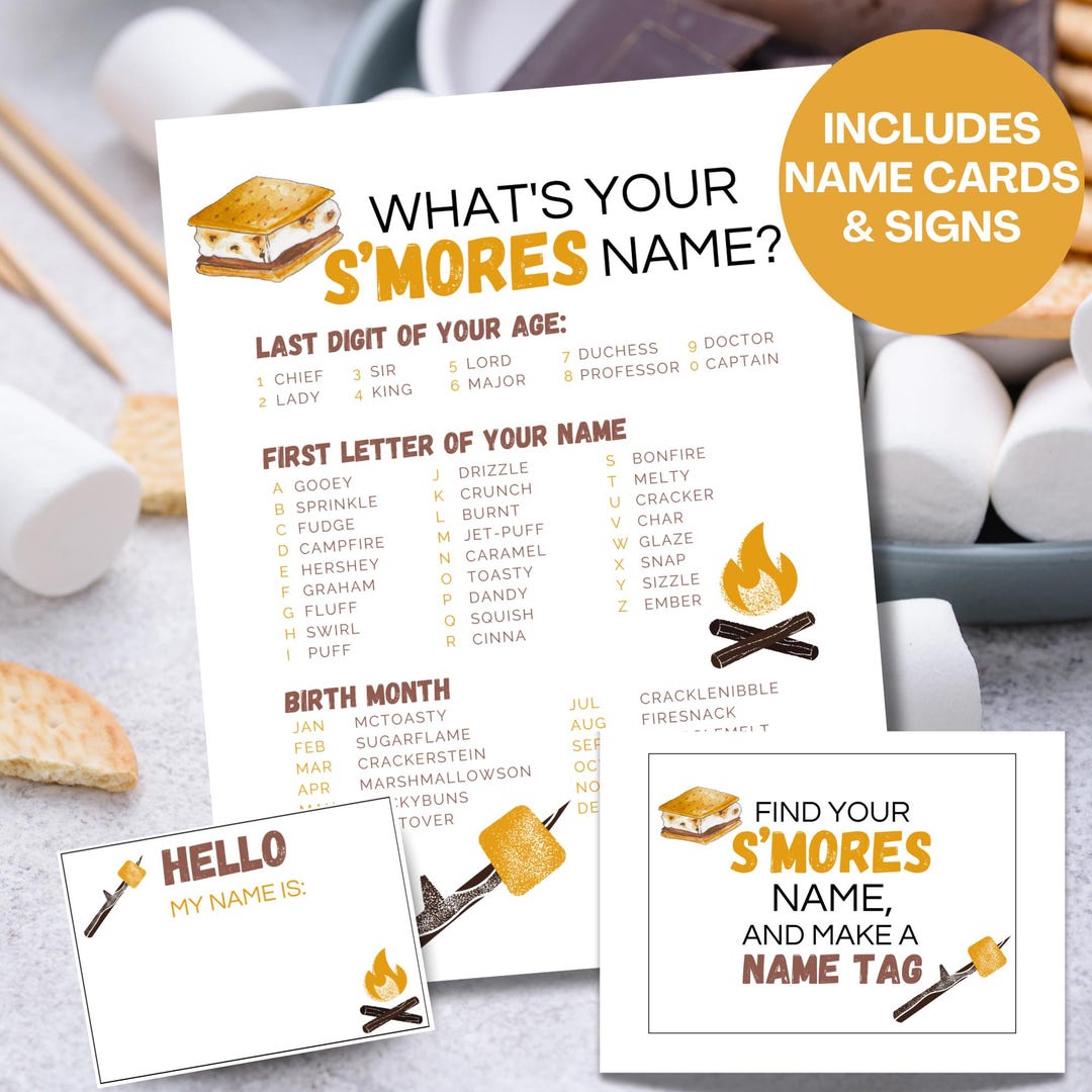 Whats Your S'mores Name Game Printable S'mores Party Games, Camping ...