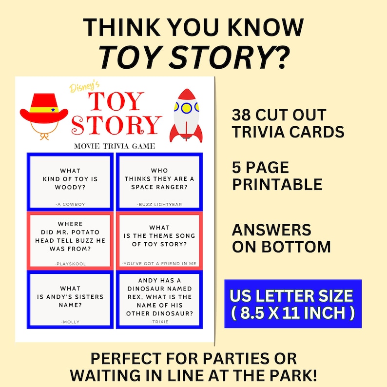 Toy Story Trivia Game Printable, Pixar Birthday Games for Kids & Adults ...