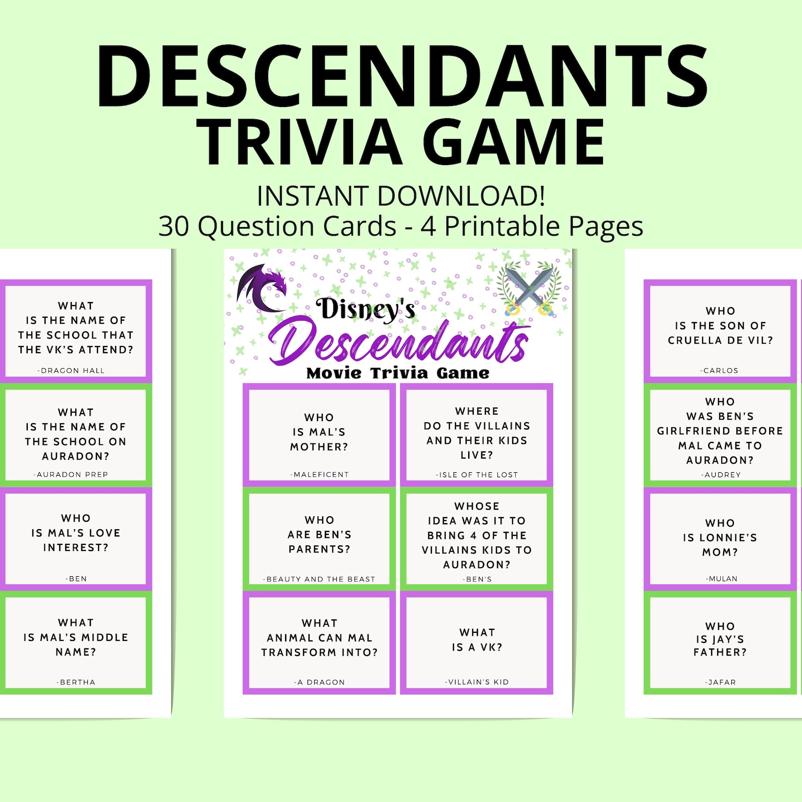 The Descendants Trivia Game Card Printable, Disney Descendants Party ...