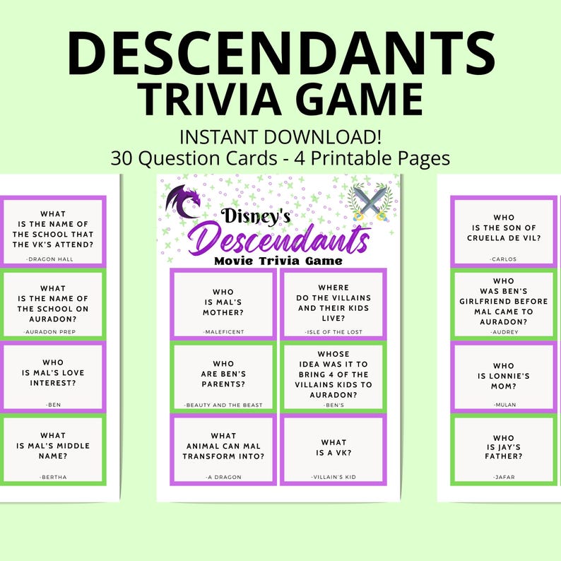 The Descendants Trivia Game Card Printable, Disney Descendants Party ...