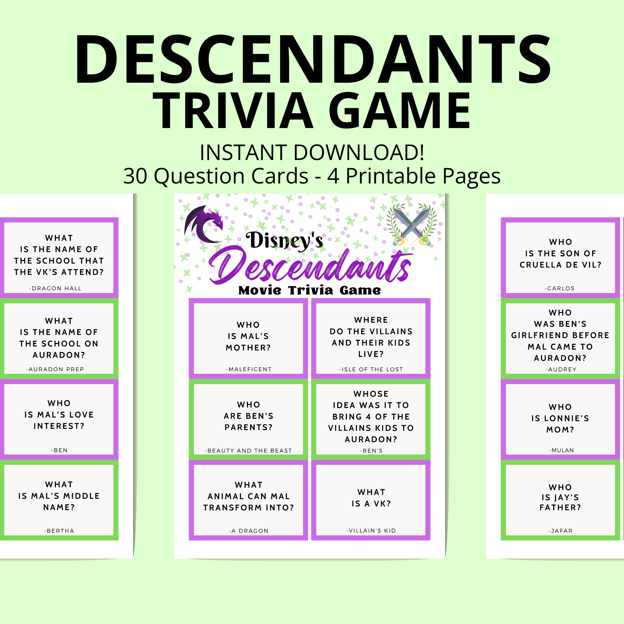 The Descendants Trivia Game Card Printable, Disney Descendants Party ...