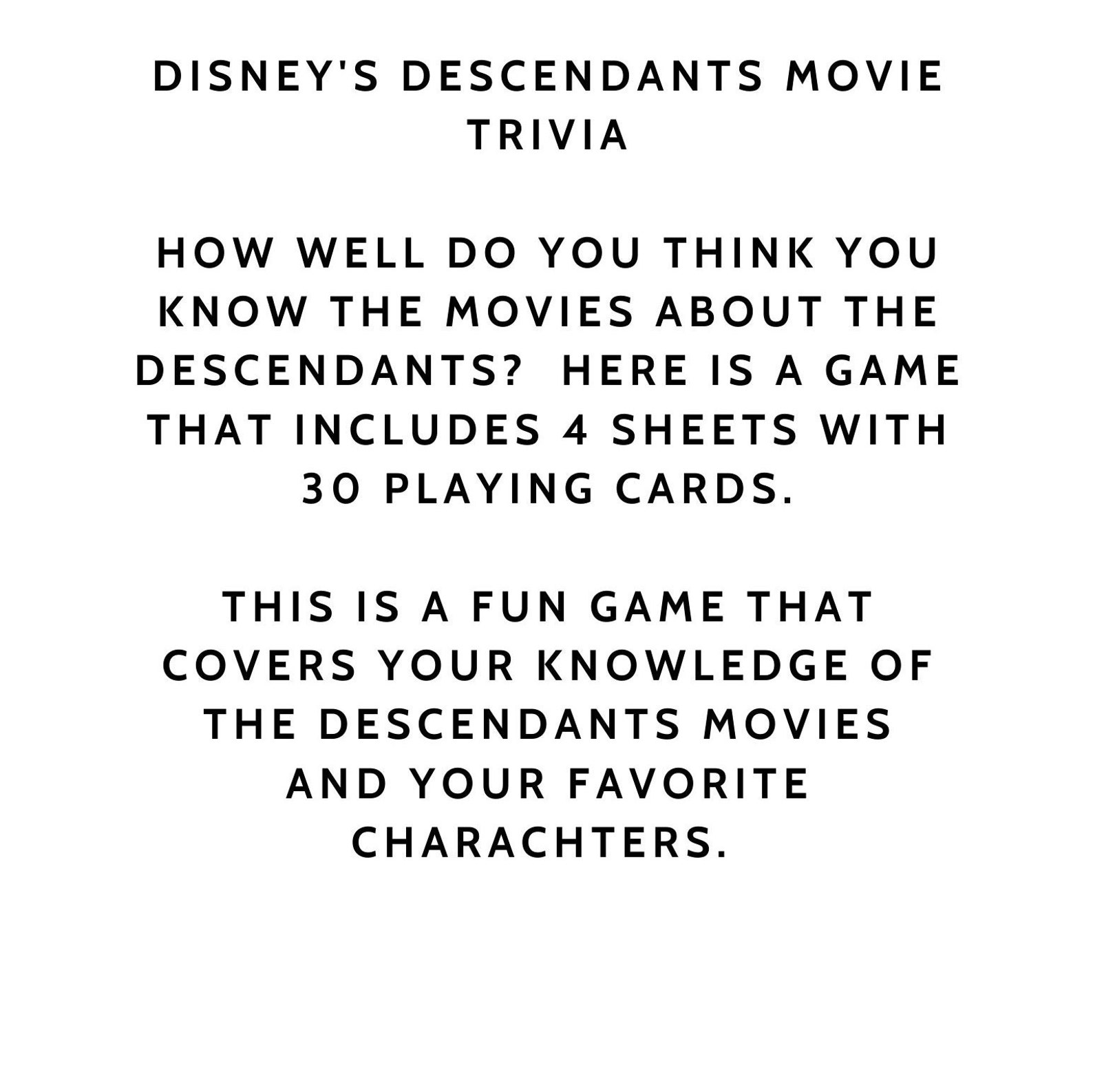 The Descendants Trivia Game Card Printable, Disney Descendants Party ...