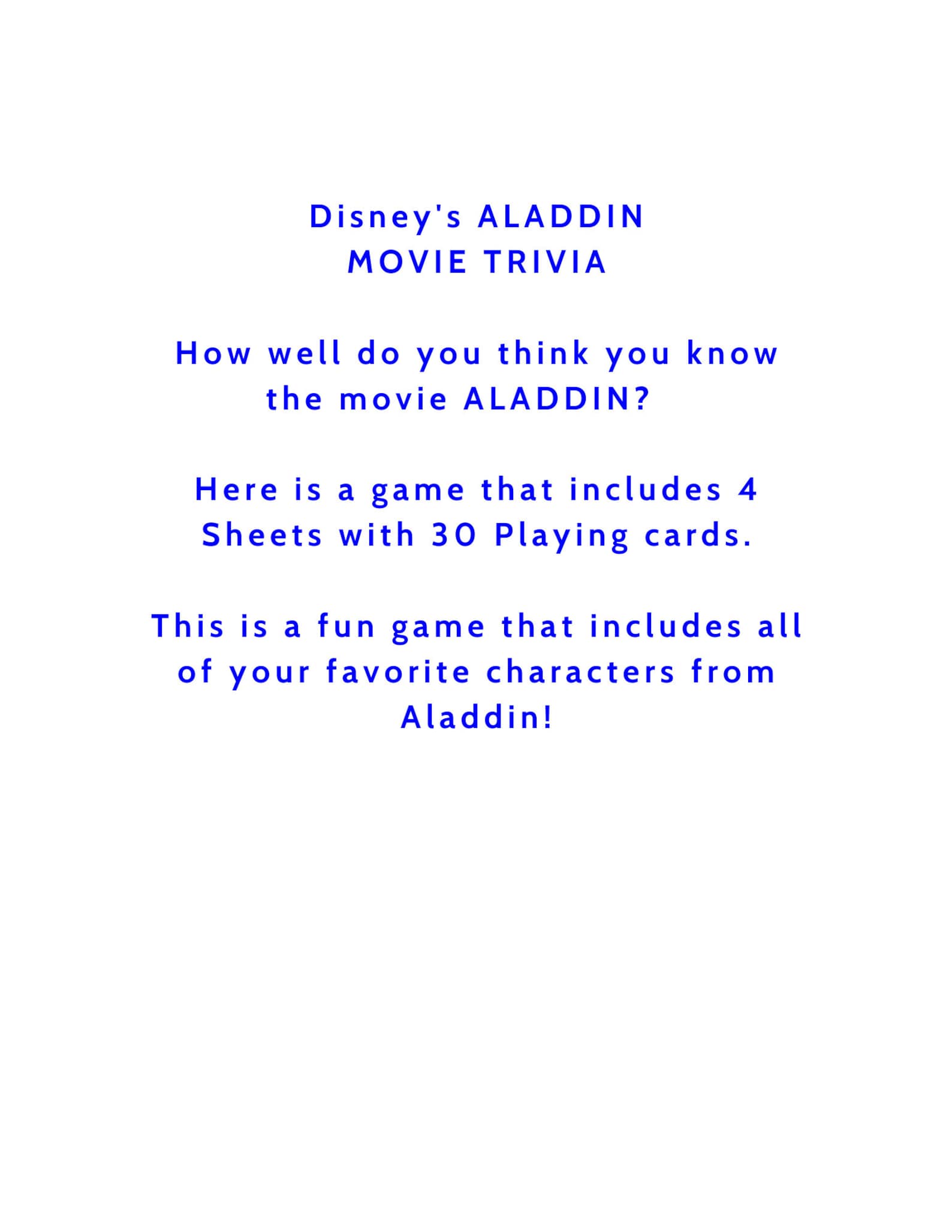 Aladdin Trivia Game Printable Games for Kids, Printable Fun Pages, Test ...