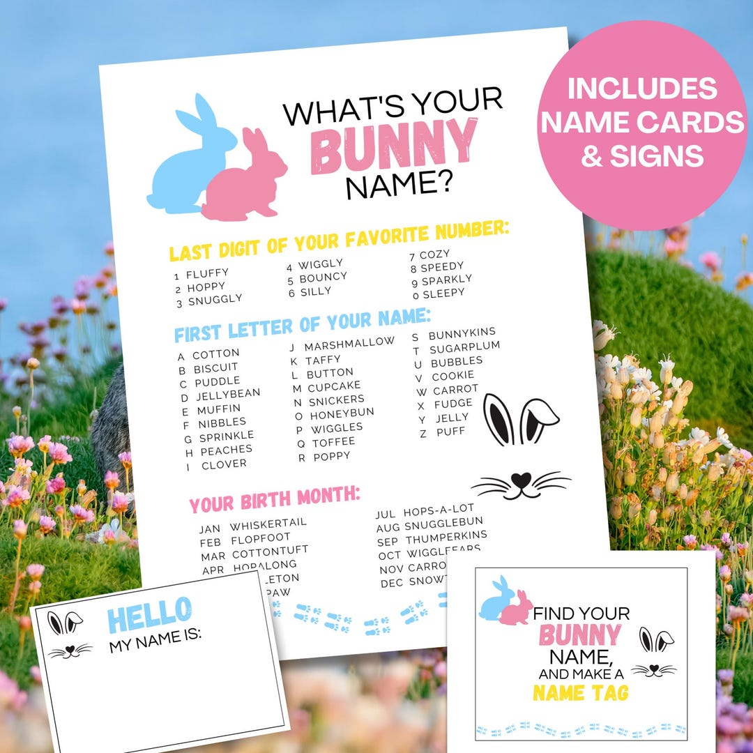 What's Your Bunny Name With Tags & Sign, Funny Easter Party Activities ...