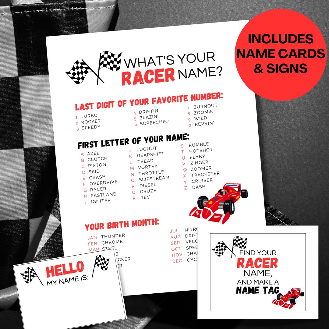What's Your Race Car Name Game, Whats Your Racing Name Printable ...