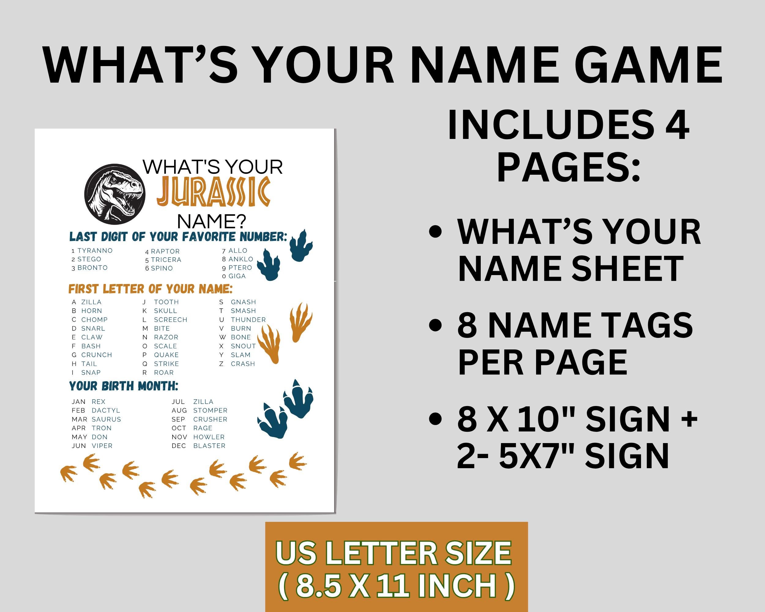 What's Your Dinosaur Name Game, Jurassic World Party Games, Dinosaur ...