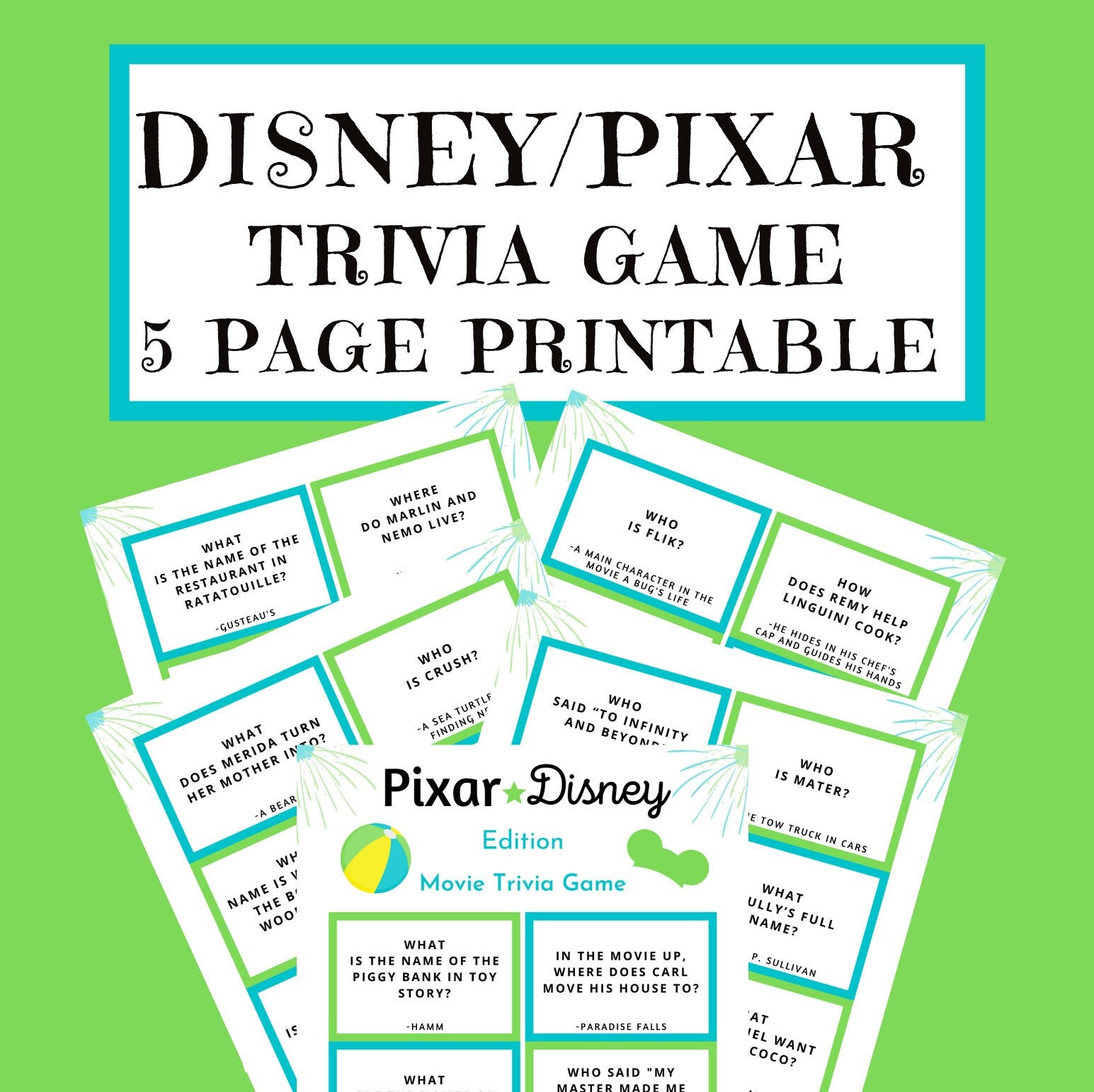 Pixar Trivia Game Printable | Pixar Party Games for Kids | Disney ...