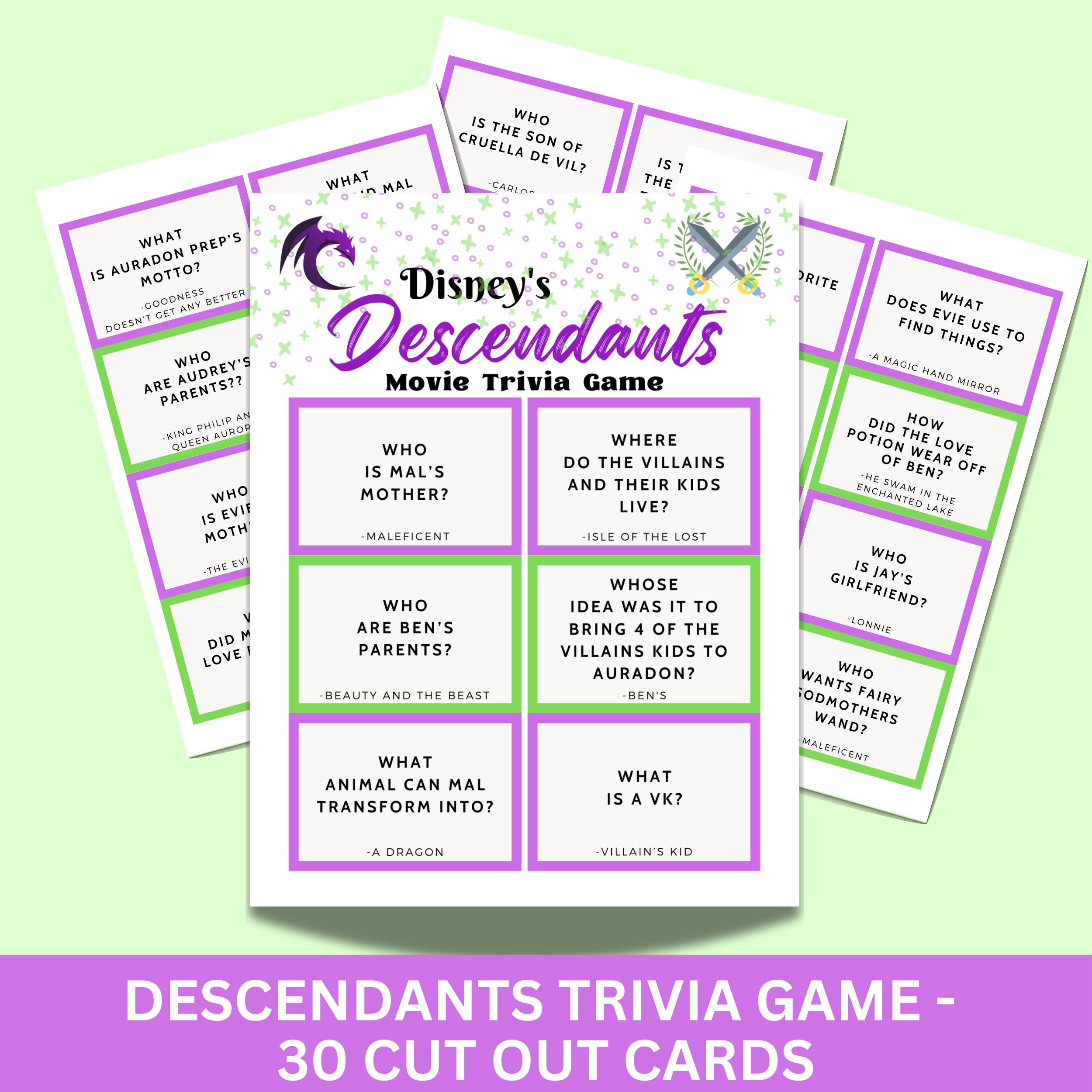 The Descendants Trivia Game Card Printable, Disney Descendants Party ...