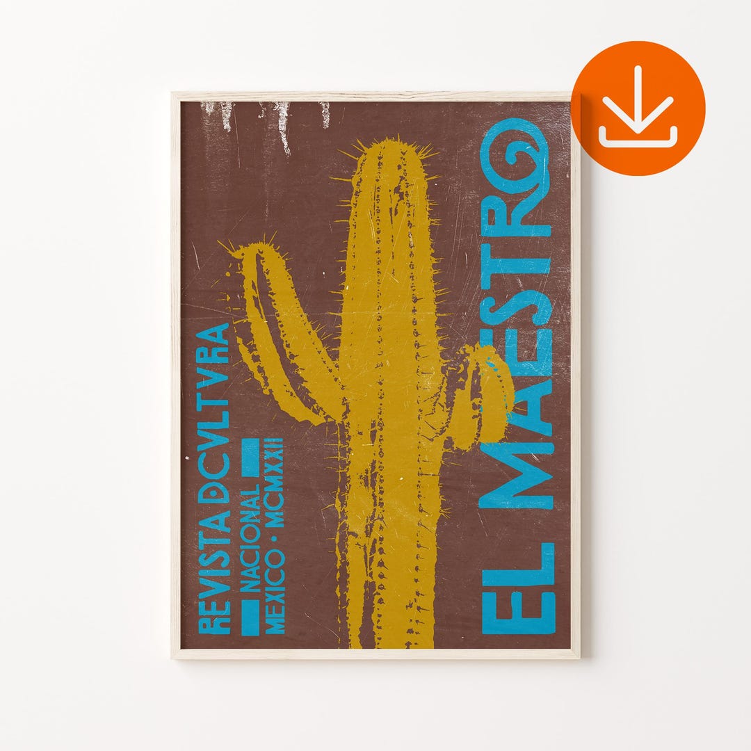 Traditional Folk Mexican Cactus Poster, Mexico Vintage Cactus Art Print ...