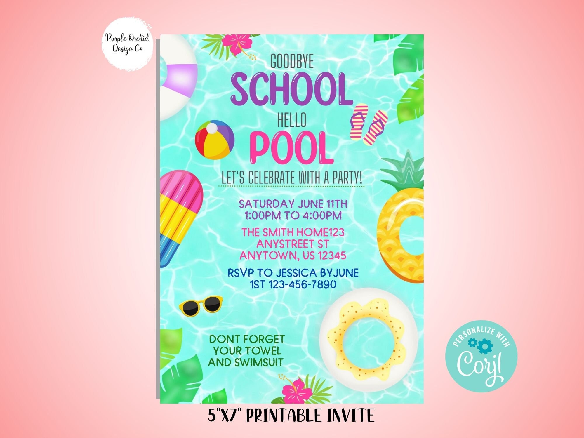 Paper Hello Pool Editable Party Invitations School Class Party Teacher 
