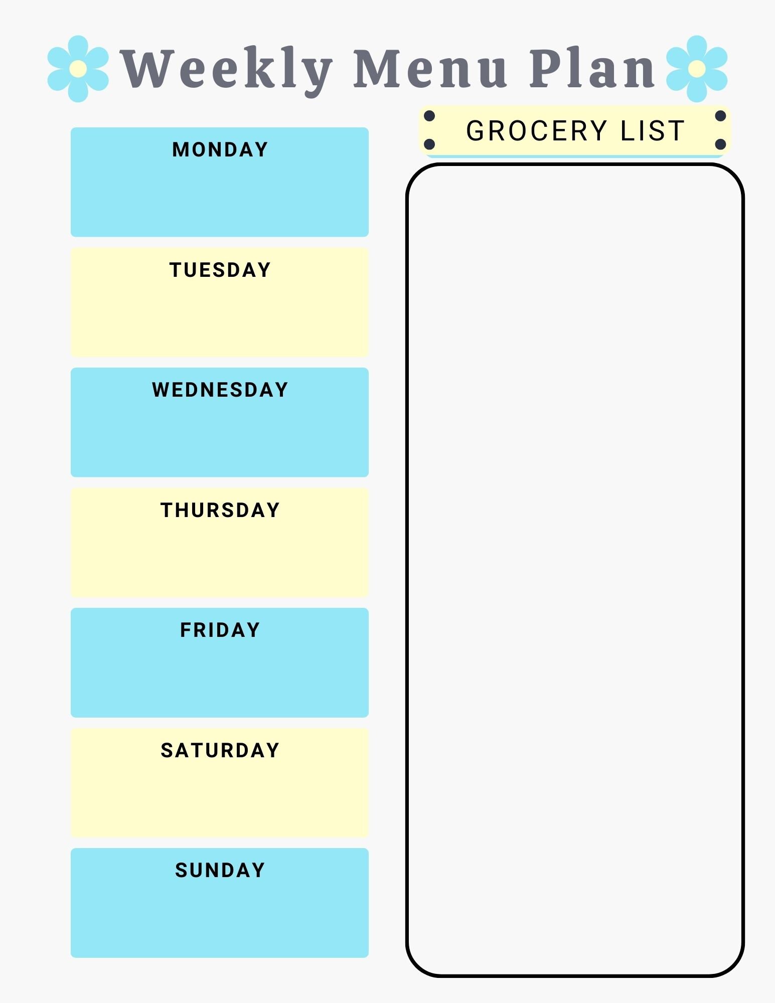 Blue & Yellow Blank Menu Meal Planning Planner Weekly - Etsy