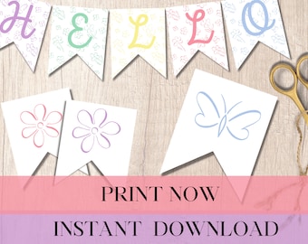Printable Hello Spring Swallowtail Flag Banner | Spring Flower Themed ...