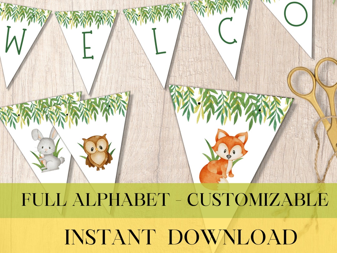 Printable Baby Shower Bunting Flag Banner | Woodland Forest Baby Animal ...