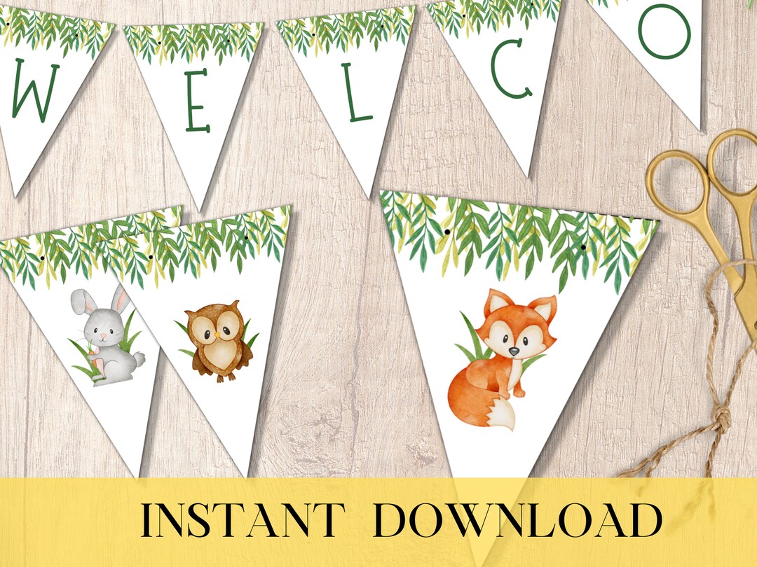 Printable Baby Shower Bunting Flag Banner | Woodland Forest Baby Animal ...