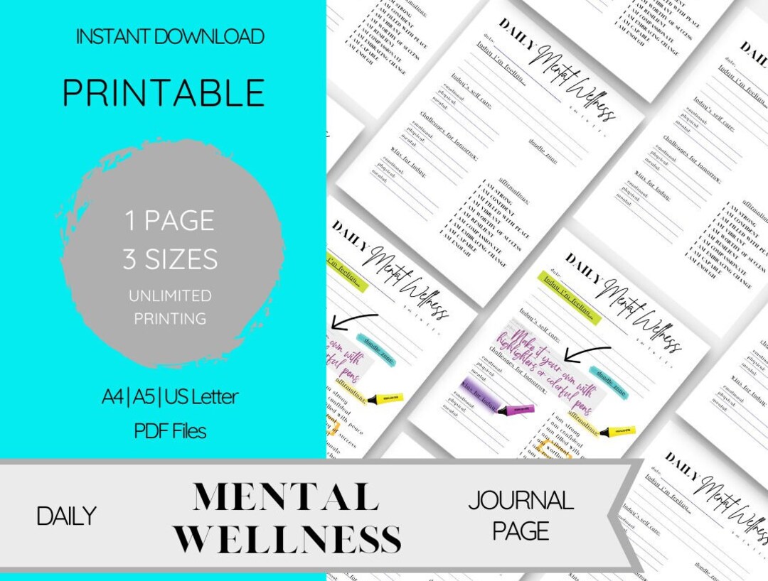 Daily Mental Wellness Journal Page | Positive Affirmations Daily Diary ...