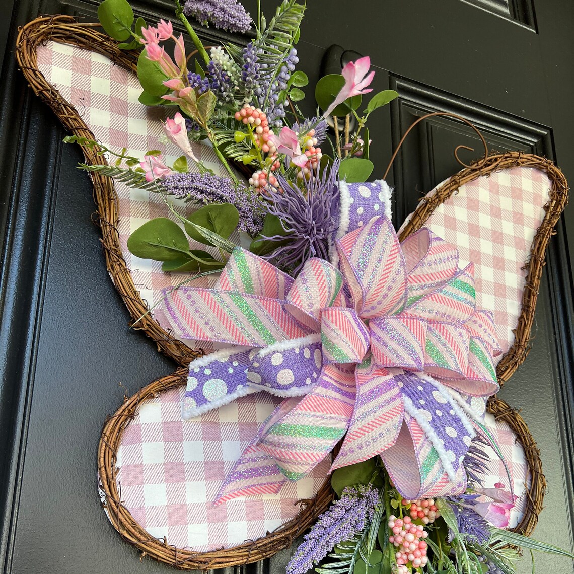 Spring Butterfly Wreath for Front Door, Mothers Day Gift, Gingham Wall ...