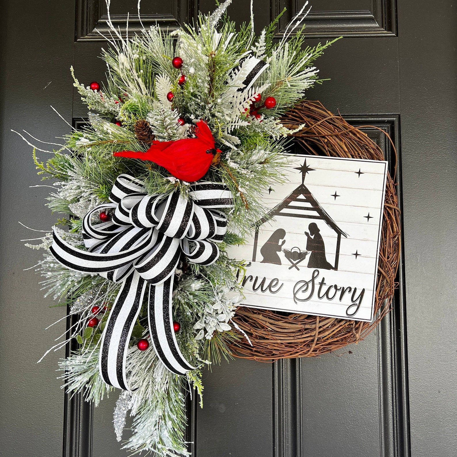 Christmas Cardinal Grapevine Wreath for Front Door, Nativity Door Decor ... Christmas Cardinal Grapevine Wreath for Front Door, Nativity Door Decor ...