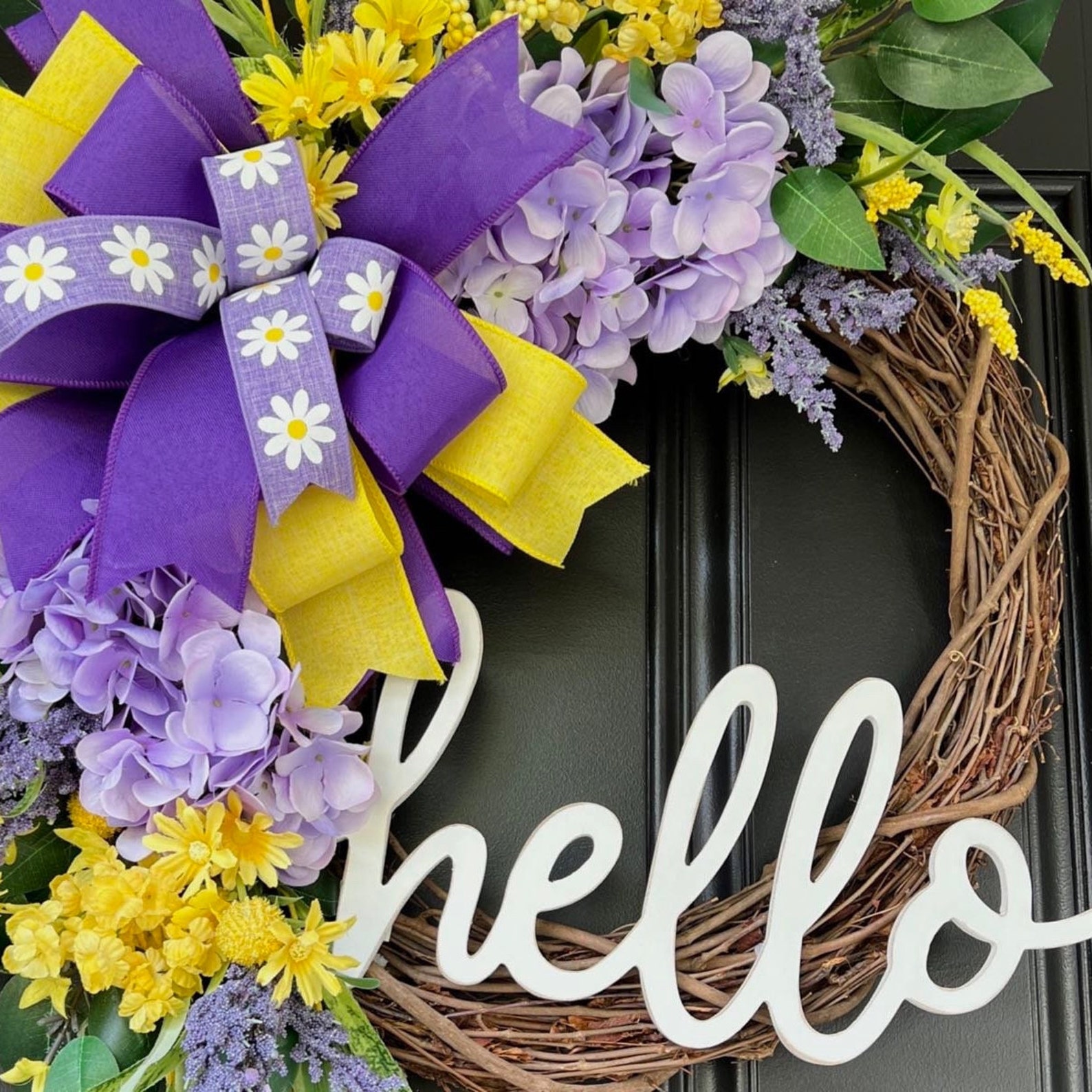 Floral Hello Wreath: Yellow & Purple Grapevine Door Decor - Etsy