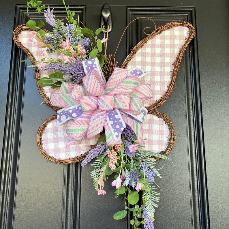 Spring Butterfly Wreath for Front Door, Mother’s Day Gift, Gingham Wall ...