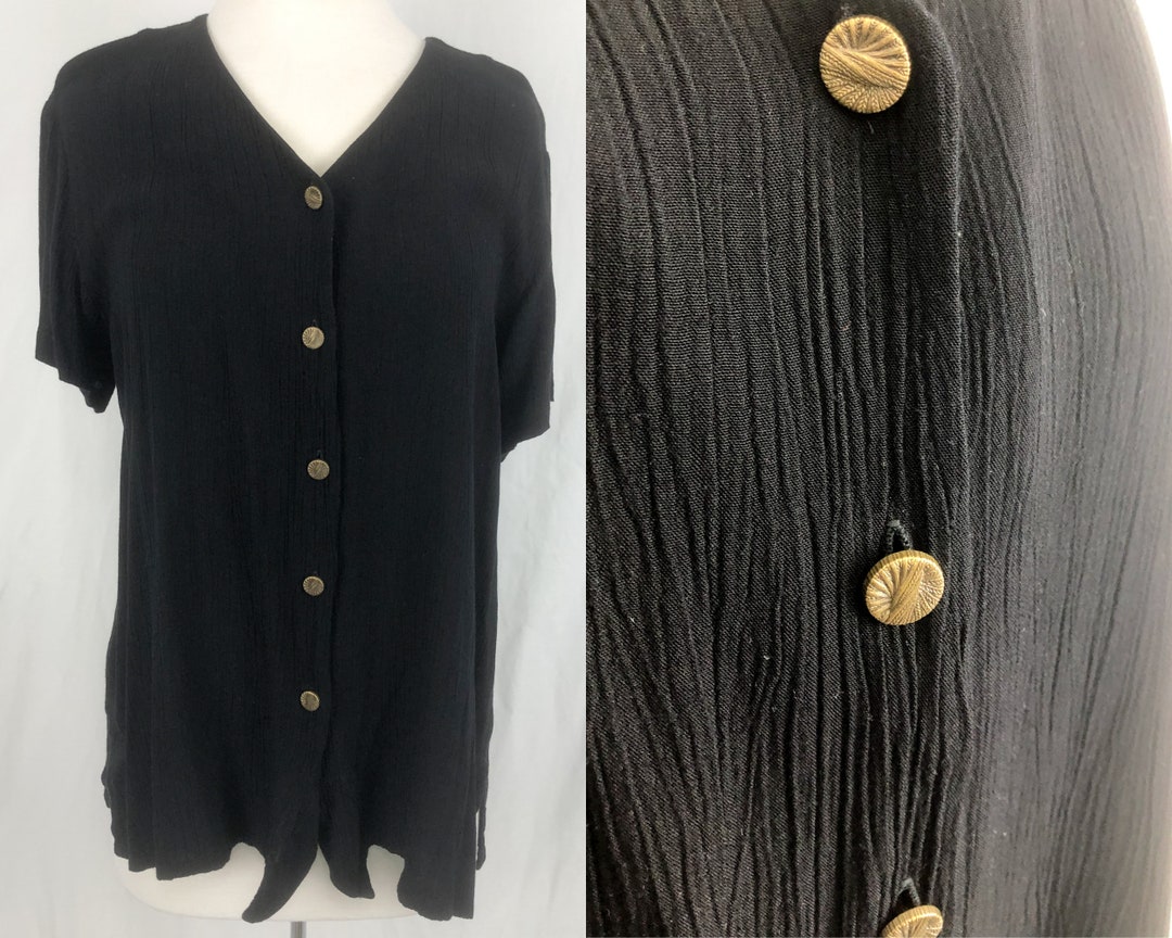 90s Flowy Crepe Shirt M | Flowy Summer Blouse | Vintage Button Top ...