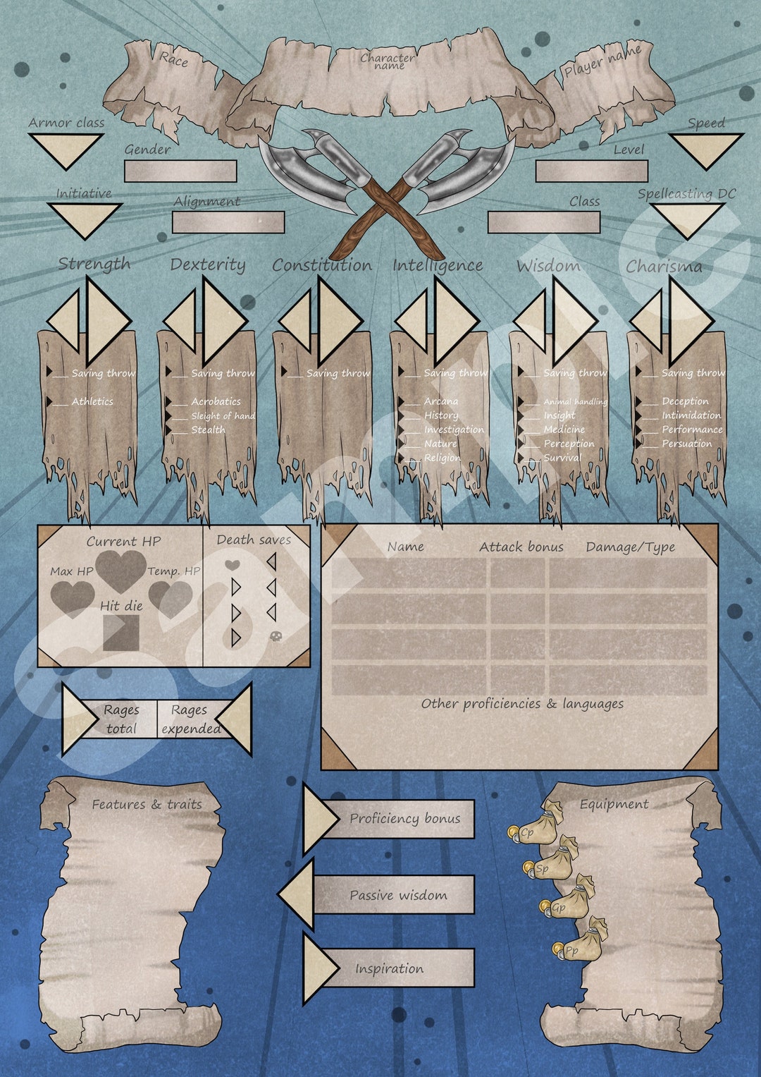 Barbarian Character Sheet D&D 5e - Etsy Hong Kong