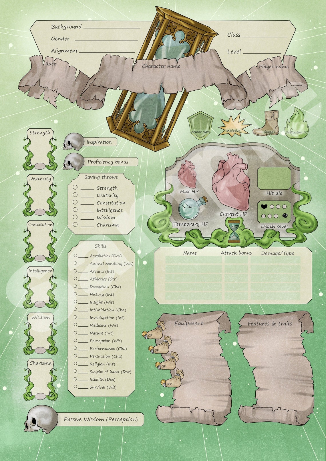 Ghostly Green Character Sheet D&D 5e - Etsy
