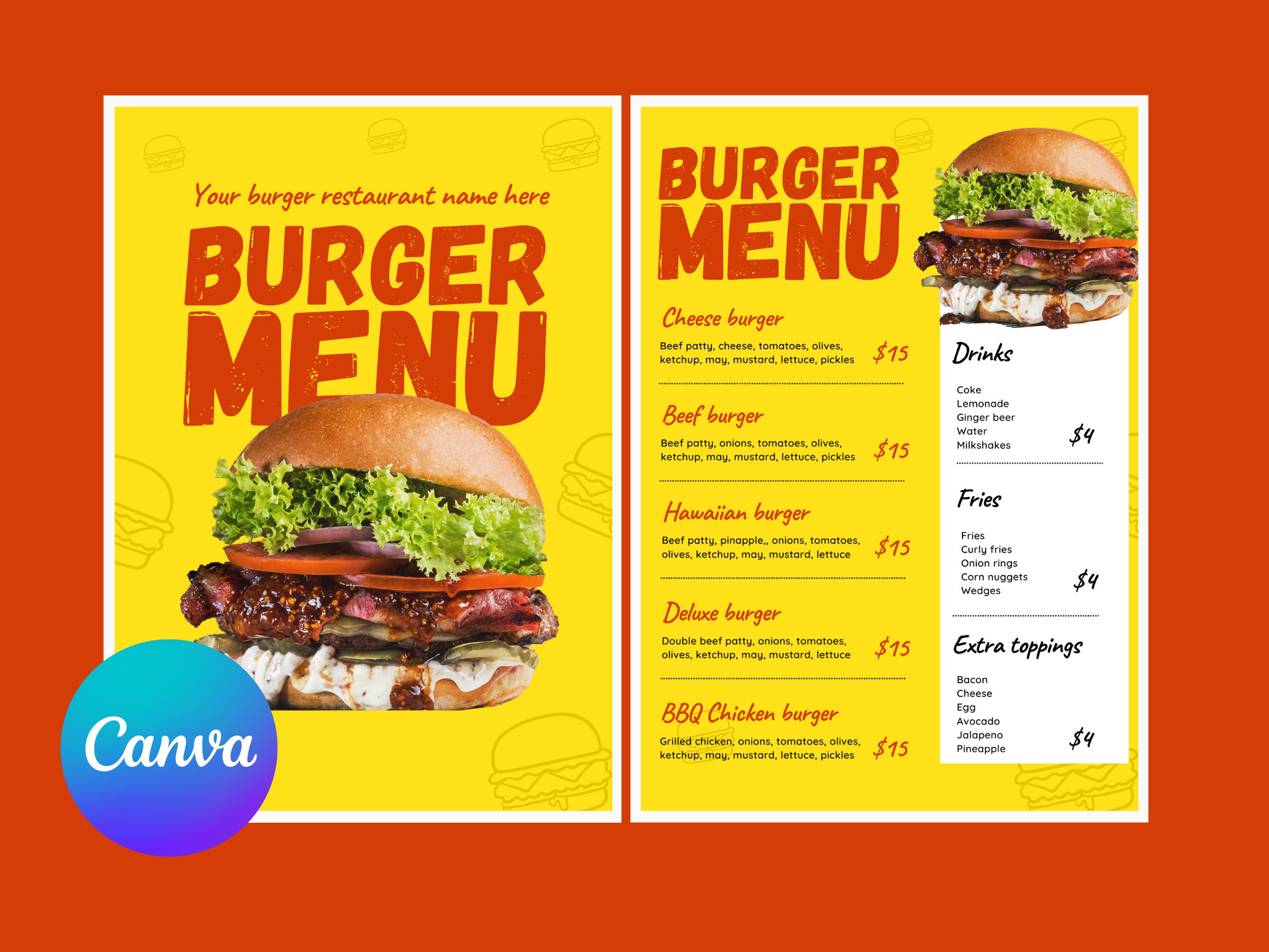 Burger Menu Template in Canva, Restaurant, Food - Etsy