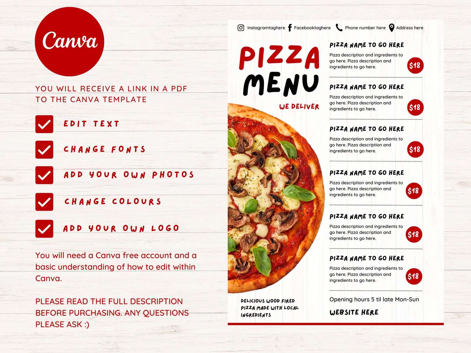 A4 Pizza Menu Editable in Canva - Etsy