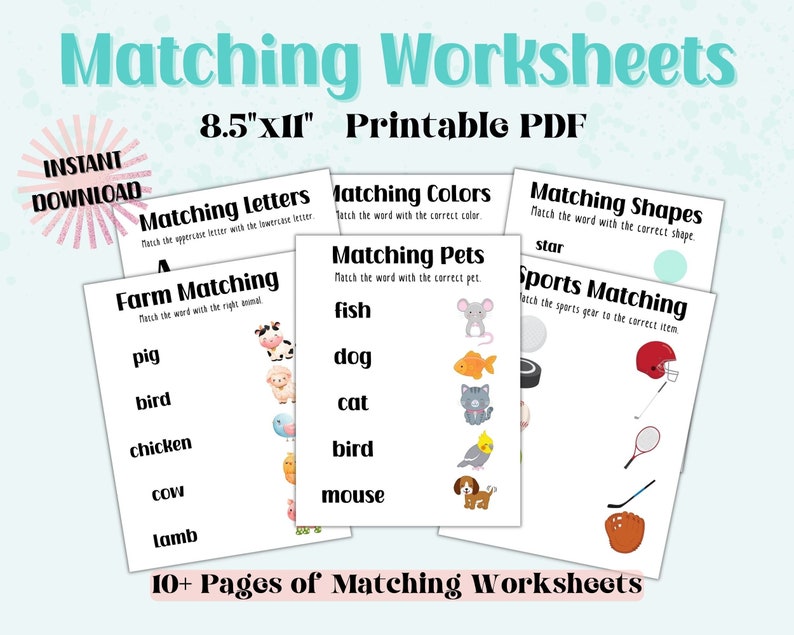 Printable Matching Worksheets for Kids 8.5"x11" Instant Download ...
