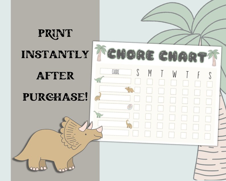 Printable Dinosaur Chore Chart for Kids PDF Chore Tracker 11"x8.5 ...