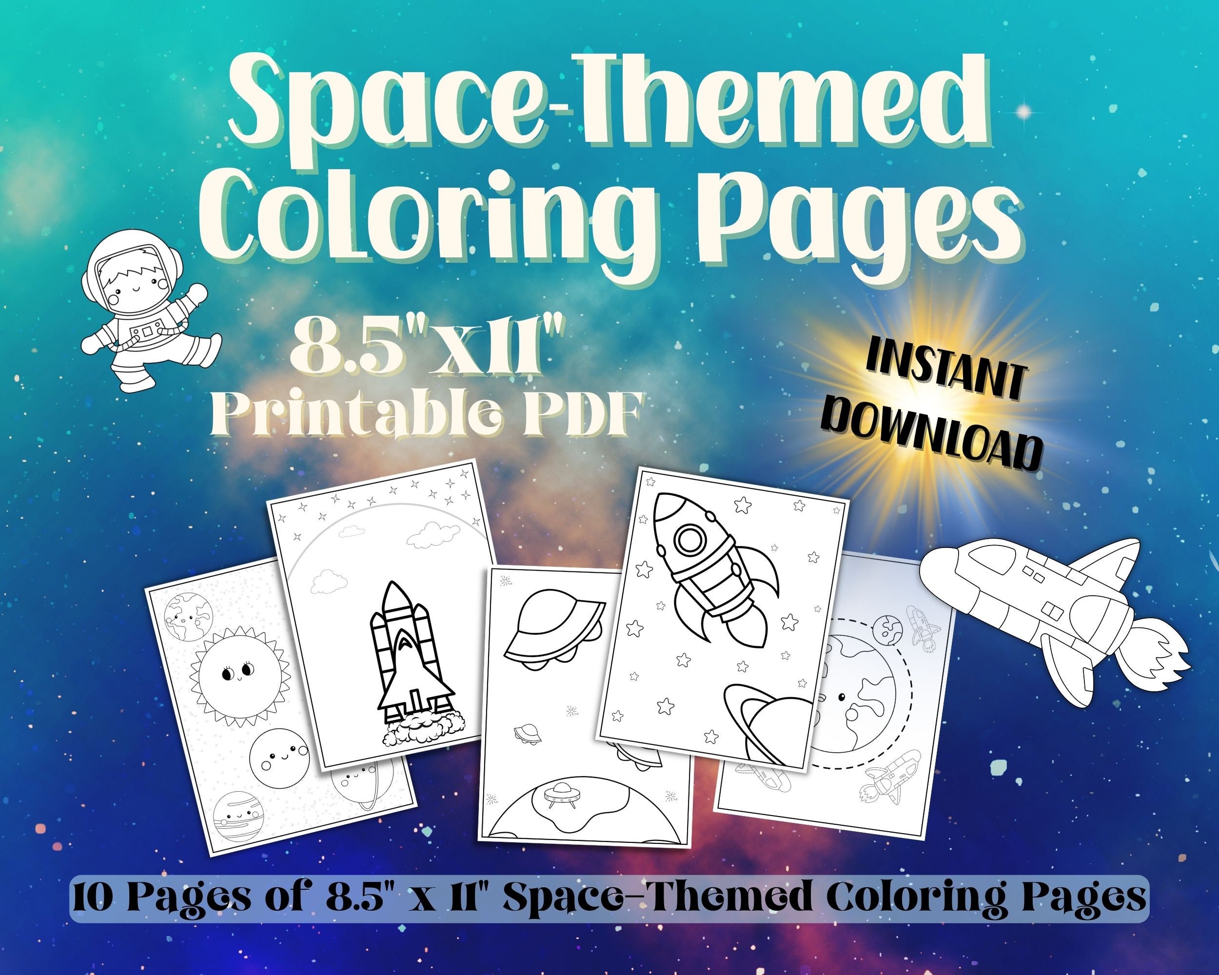 Space-themed Printable Coloring Pages 8.5" X 11" Instant PDF Download ...