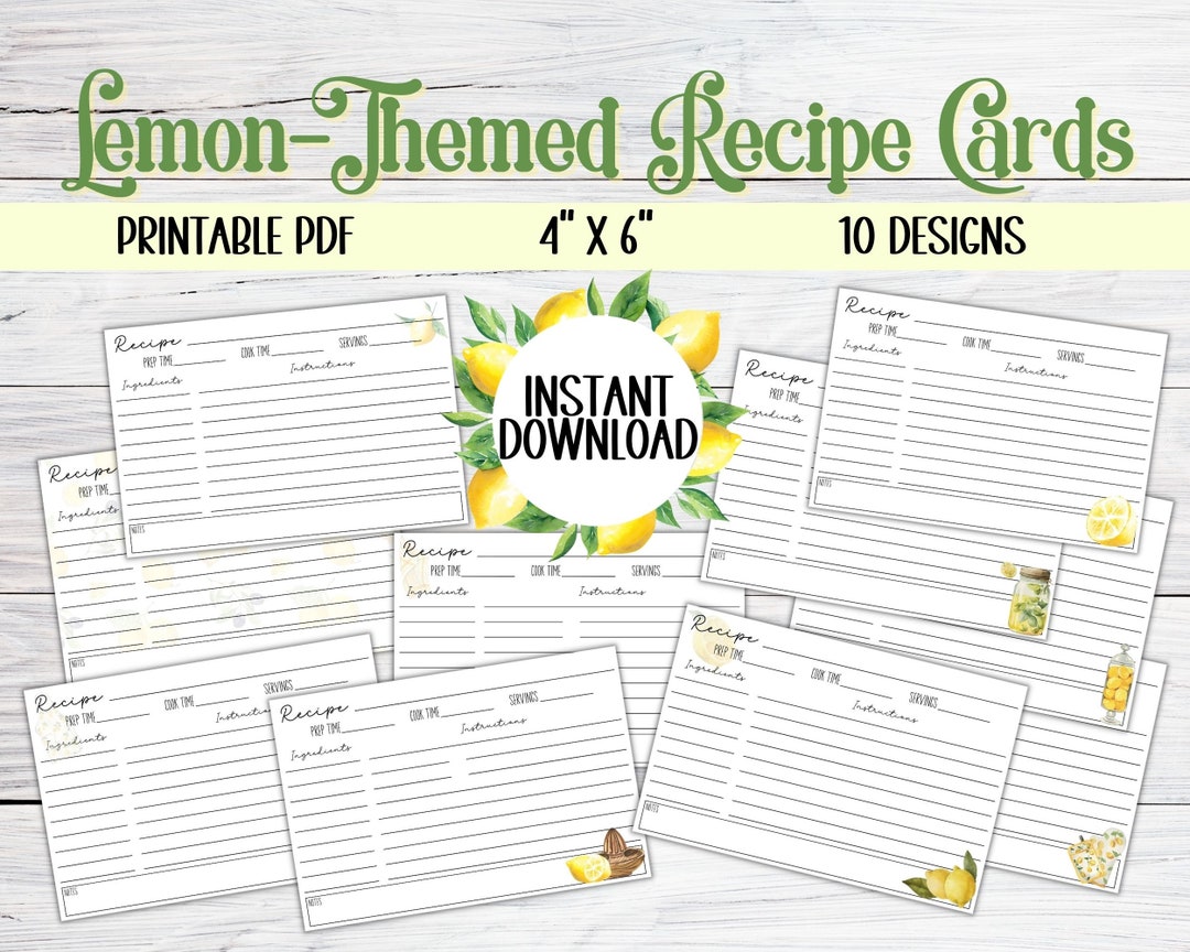 Lemon-themed Recipe Cards Printable 4x6 Minimalist Kitchen - Etsy