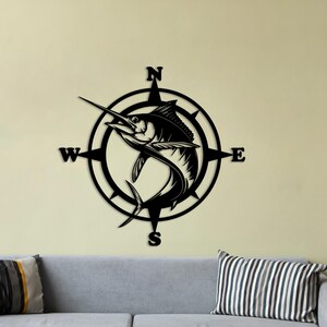 Marlin With Compass Metal Wall Art, Unique Metal Sign, Beach House ...