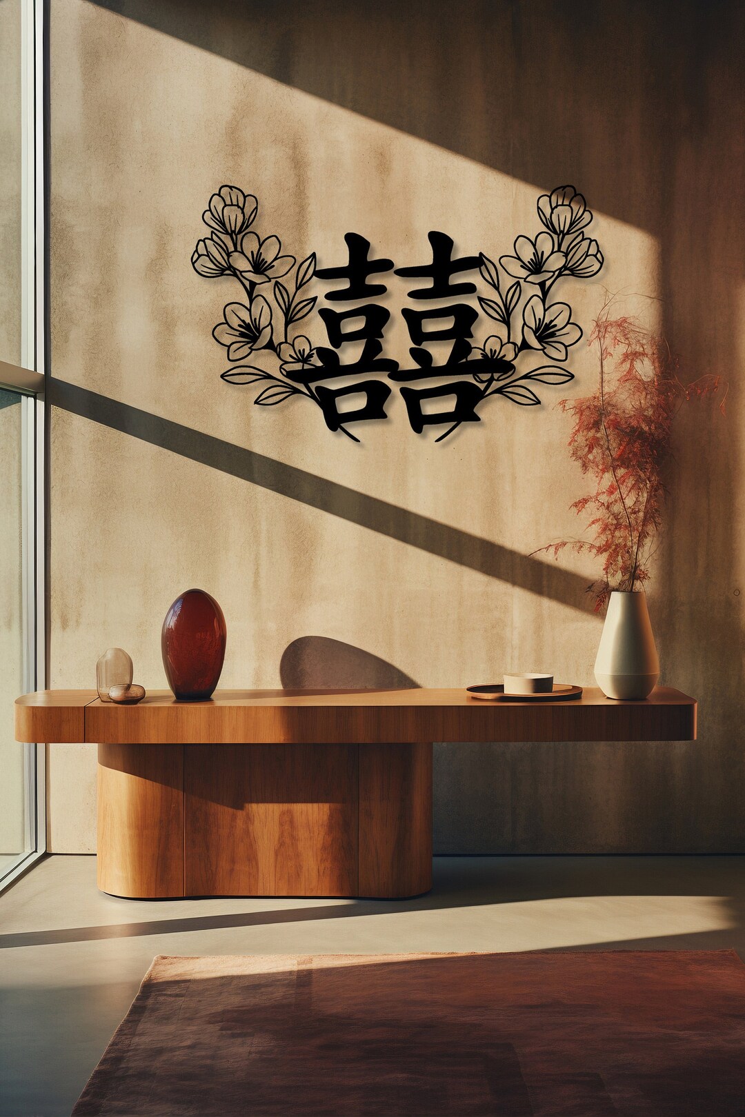 Double Happiness Sign Sakura Flower Wall Decor, Asian Feng Shui Wall ...