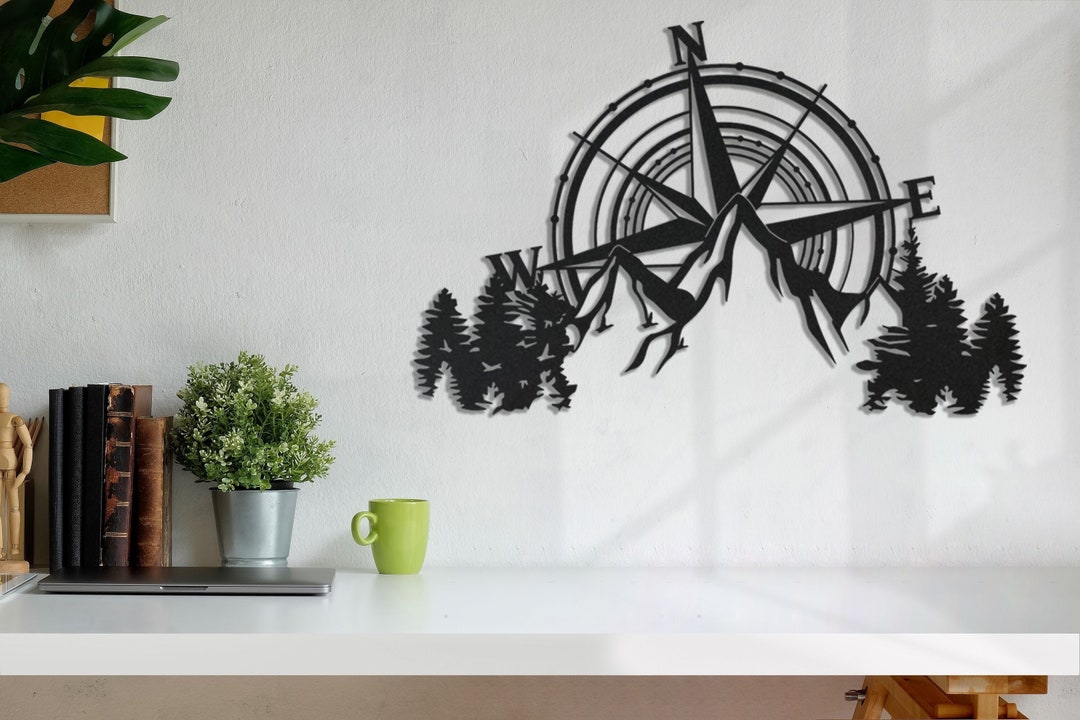 Compass Metal Wall Art, Metal Mountain Compass Wall Decor, Nautical ...