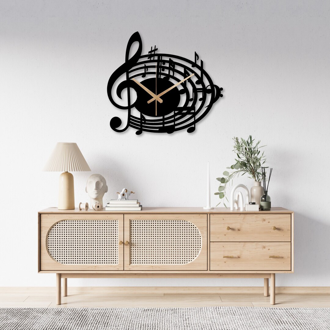 Music Notes Clock Metal Wall Art, Unique Abstract Silence Black Metal ...