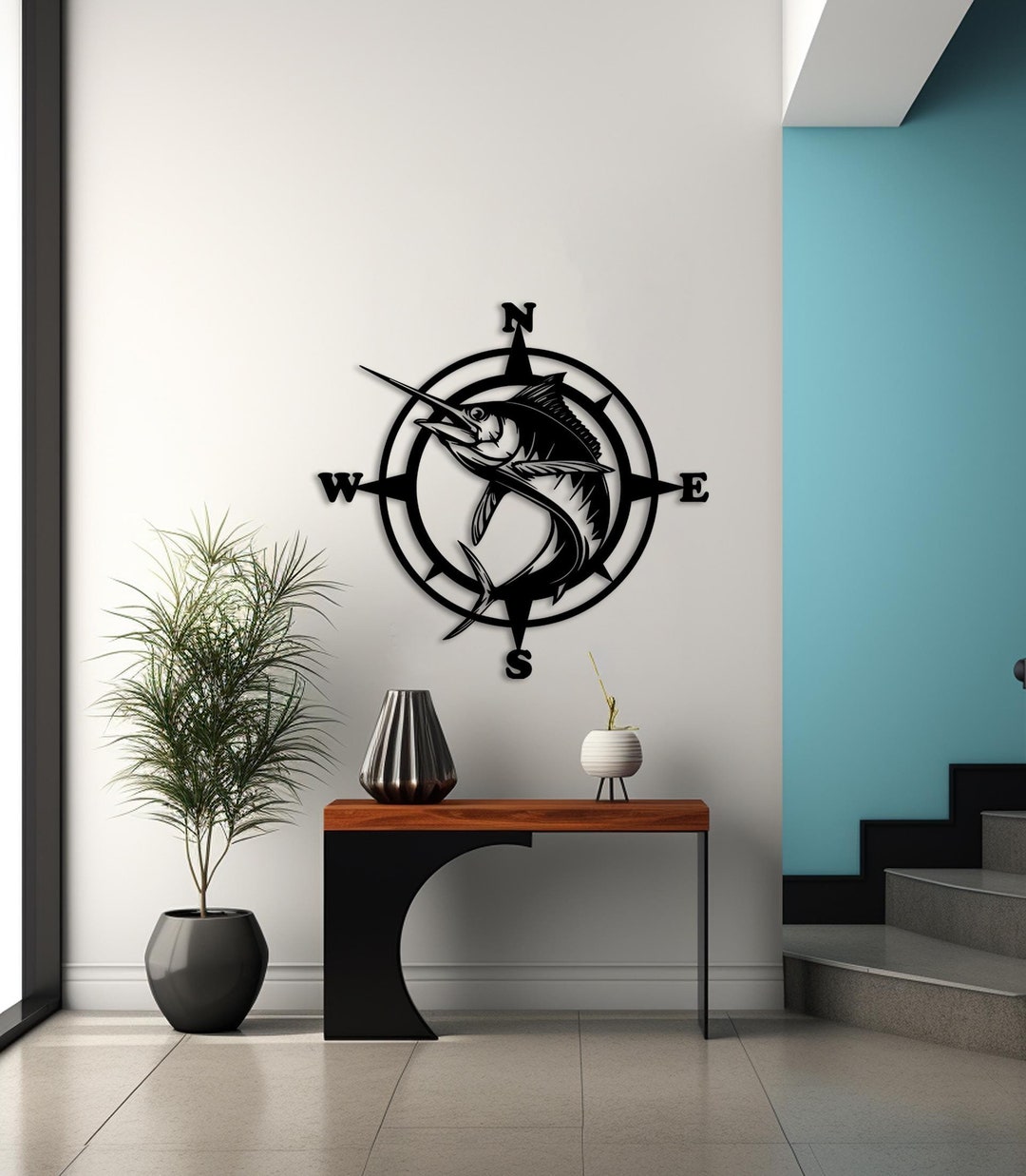 Marlin With Compass Metal Wall Art, Unique Metal Sign, Beach House ...