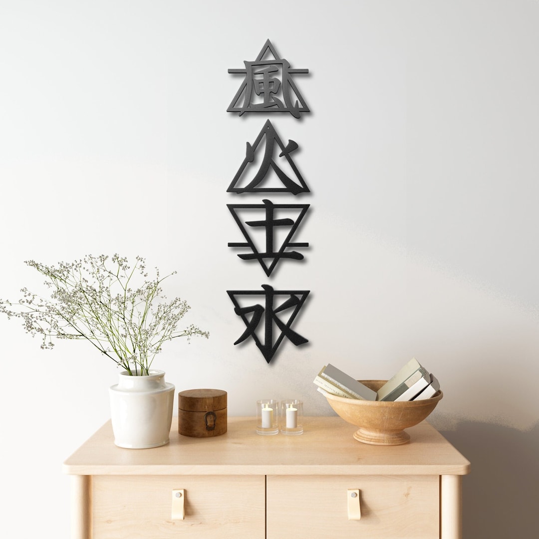 Japanese Elements Wall Art Set of 4, Japan Kanji 4 Elements Symbol ...
