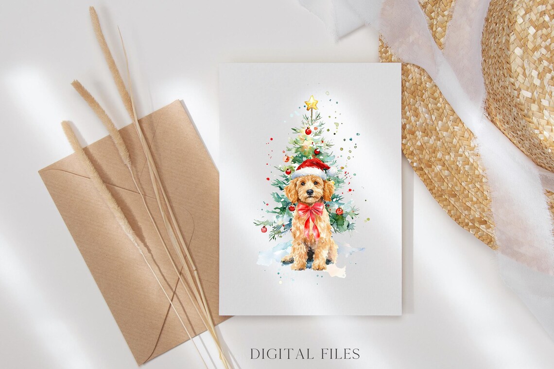 Watercolor Christmas Goldendoodle Clipart, Santa Hat PNG (digital ...