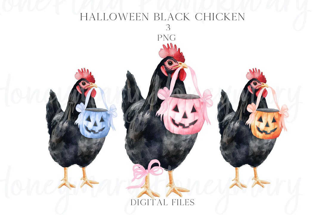 Watercolor Halloween Black Chicken Hen Blue, Orange, Pink Baby Chick ...