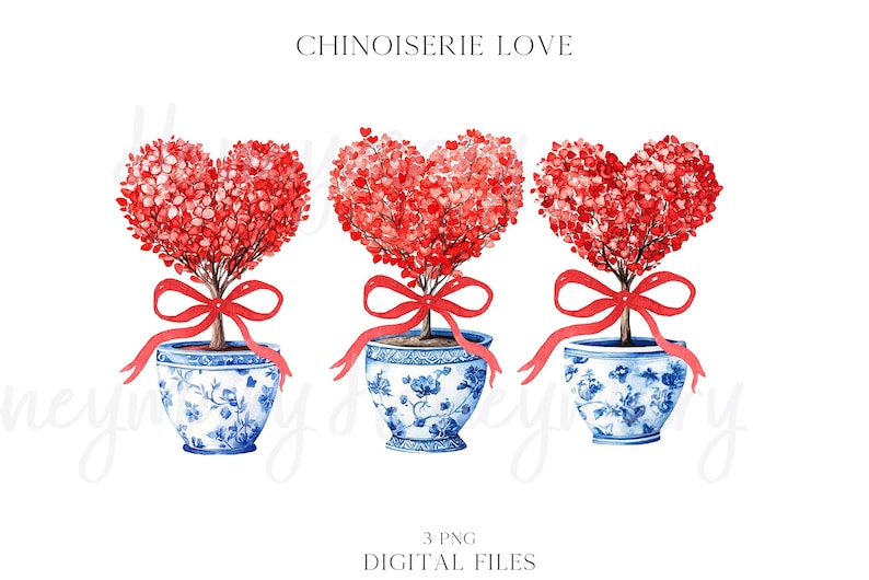 Watercolor Valentines Chinoiserie Topiary Hearts PNG Clipart Coquette ...
